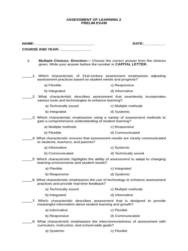 Assessment of Learning Prelim Exam | PDF | Educational Assessment | Learning