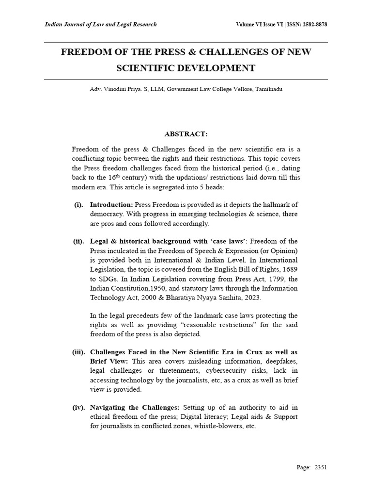 Press Freedom and Scientific Challenges | PDF | Popular Culture & Media ...