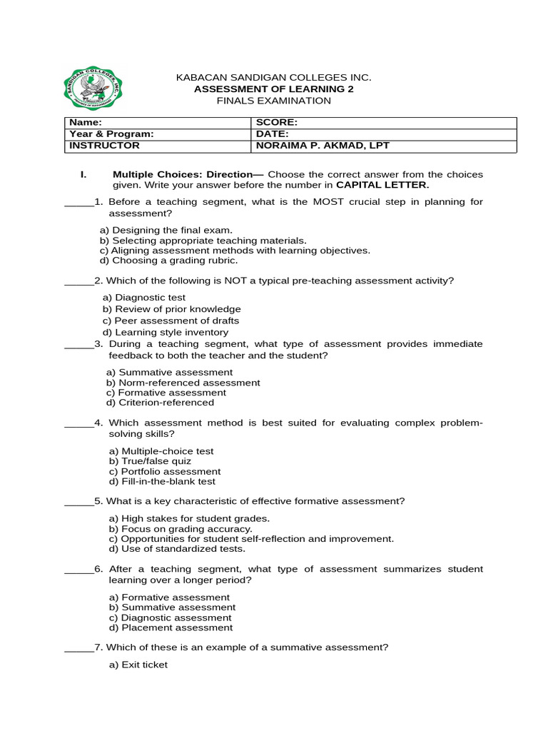 Assessment of Learning Final Exam | PDF | Educational Assessment ...