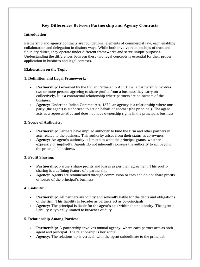 Key Differences Between Partnership and Agency Contracts | PDF | Law Of Agency | Partnership