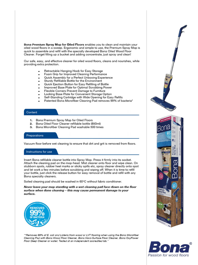 Tech Data Sheet - Bona Premium Spray Mop For Oiled Floors 211004 | PDF