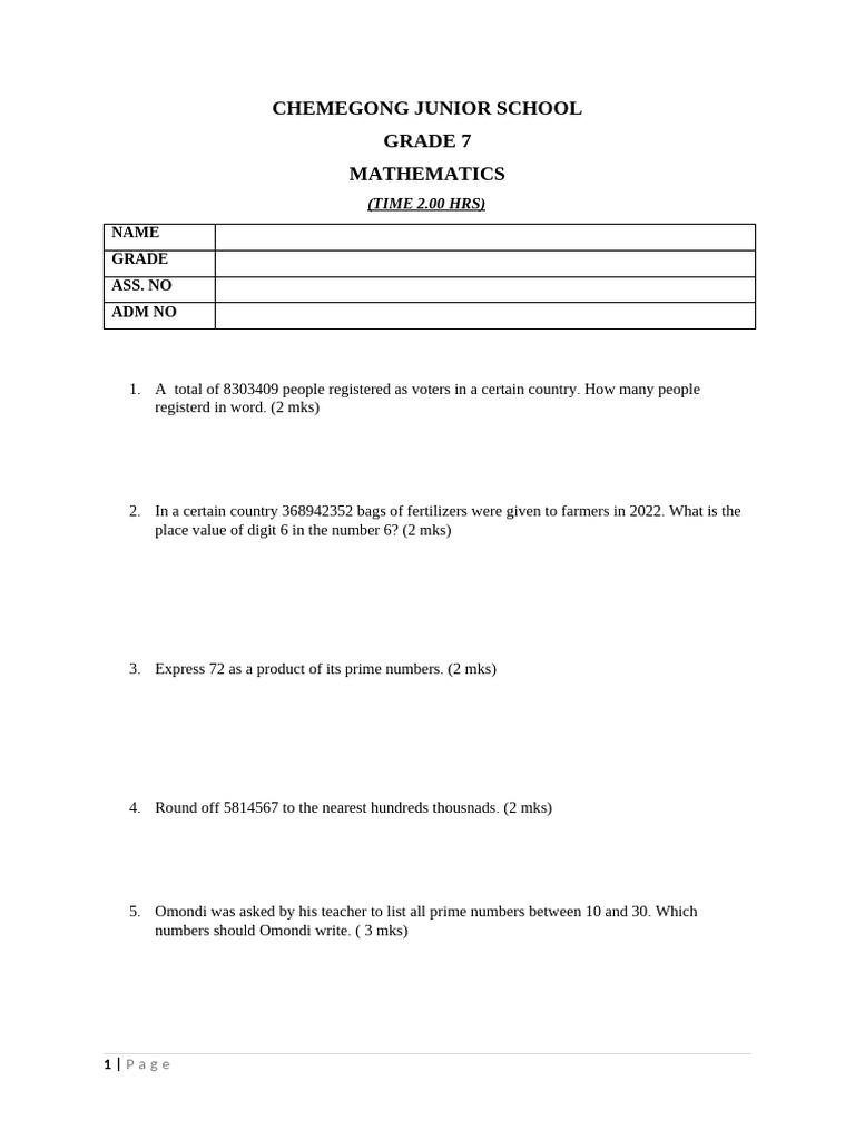 Grade 7 Mathematics Exam Questions | PDF