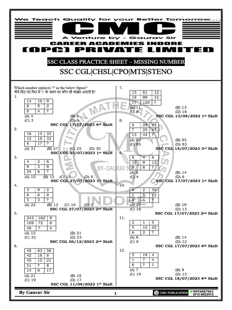 Missing Number Reasoning Practice | PDF