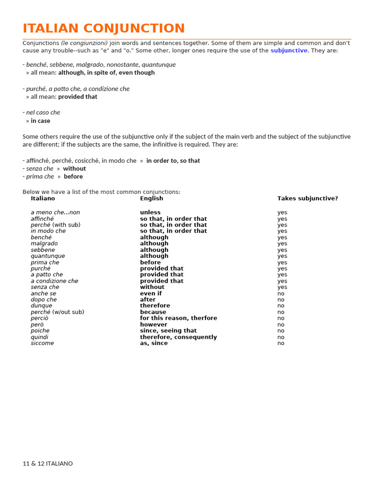 Italian Conjunctions | PDF | Grammatical Conjugation | Semantics