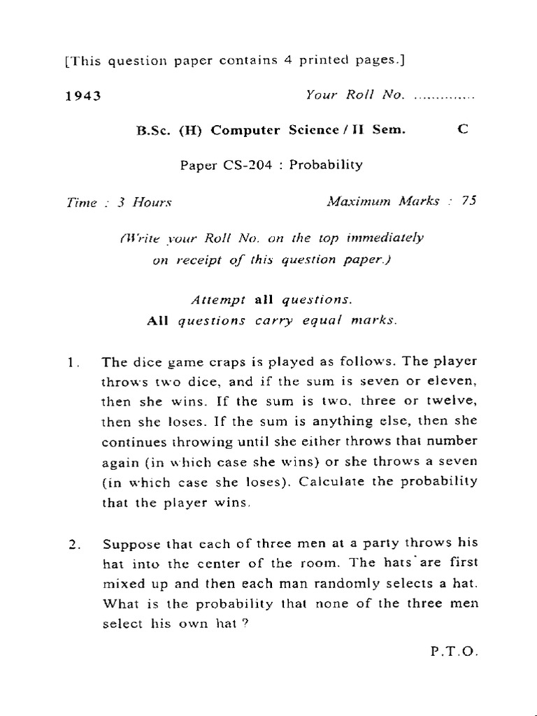 BSC (H) Computer Science Ii Sem Paper-Cs-204 Probability | PDF