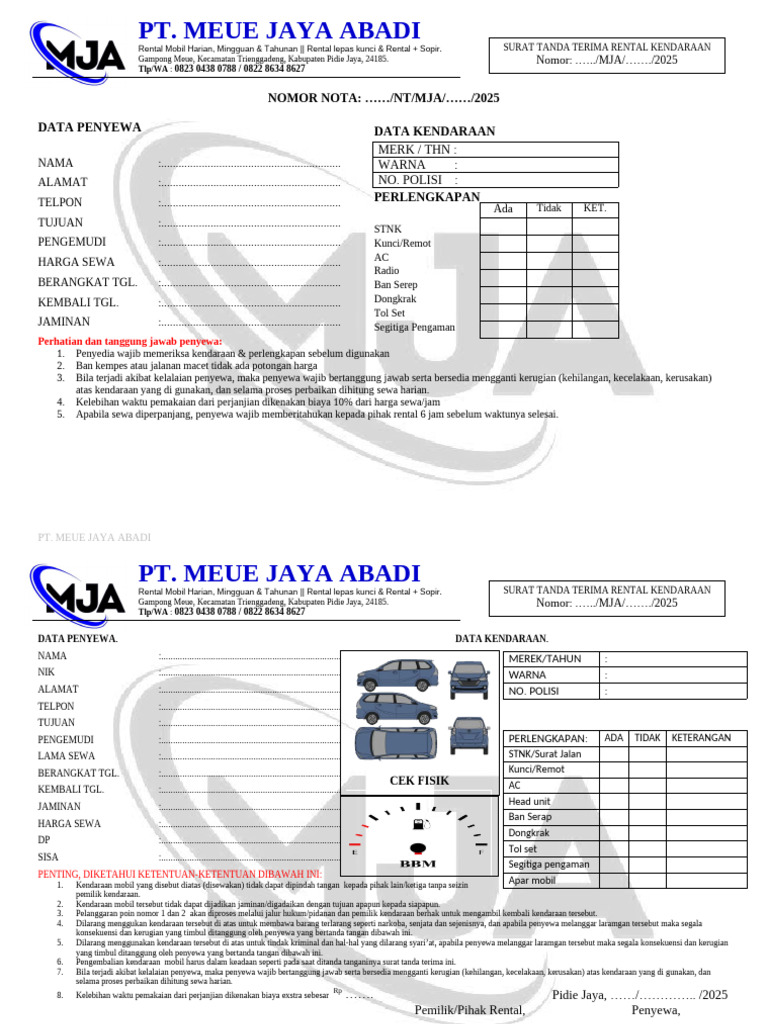 Kuitansi Rental Kendaraan Pidie Jaya | PDF