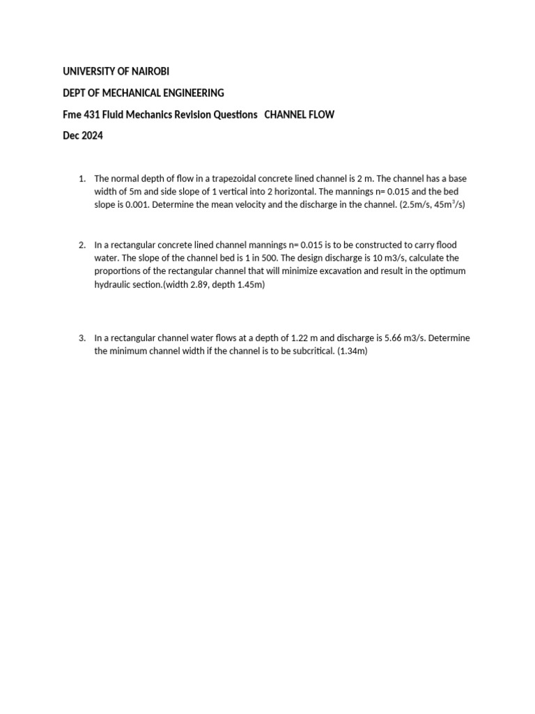 Fme431 Rev Questions Channel Flow Dec24 | PDF