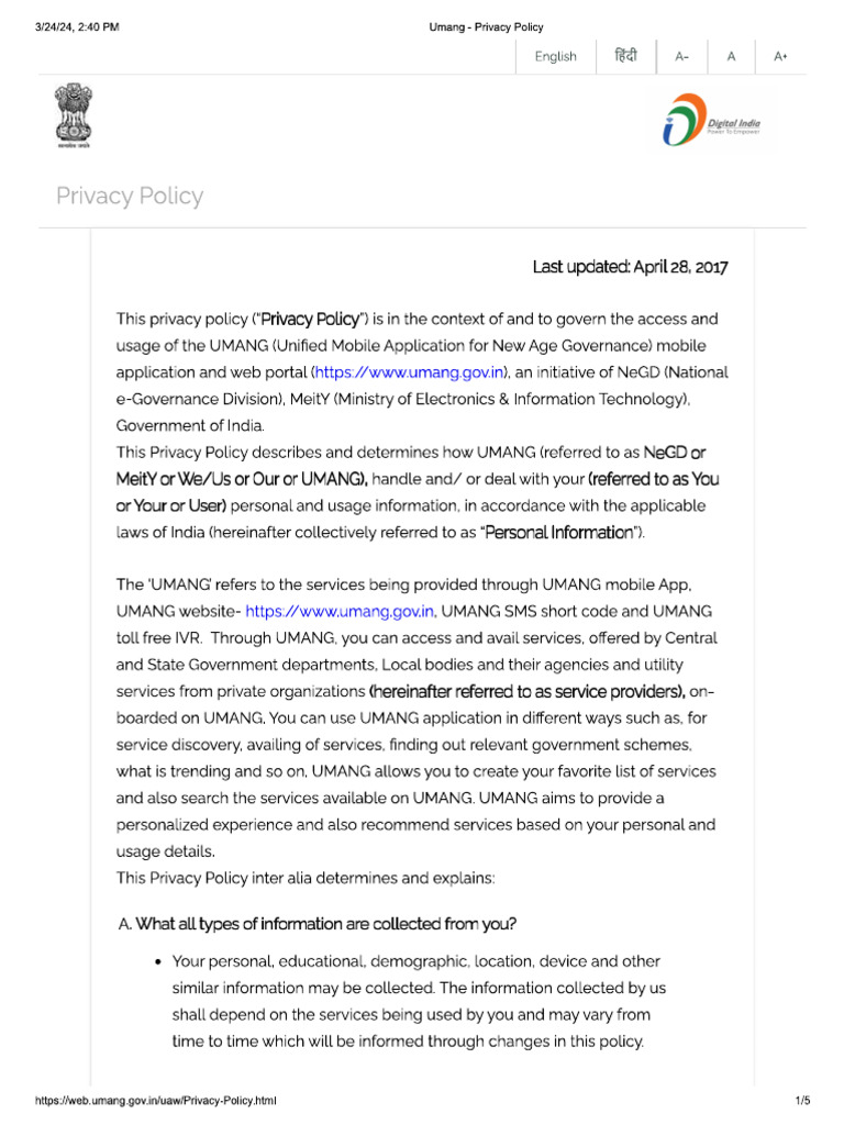 Umang-Privacy Policy | PDF