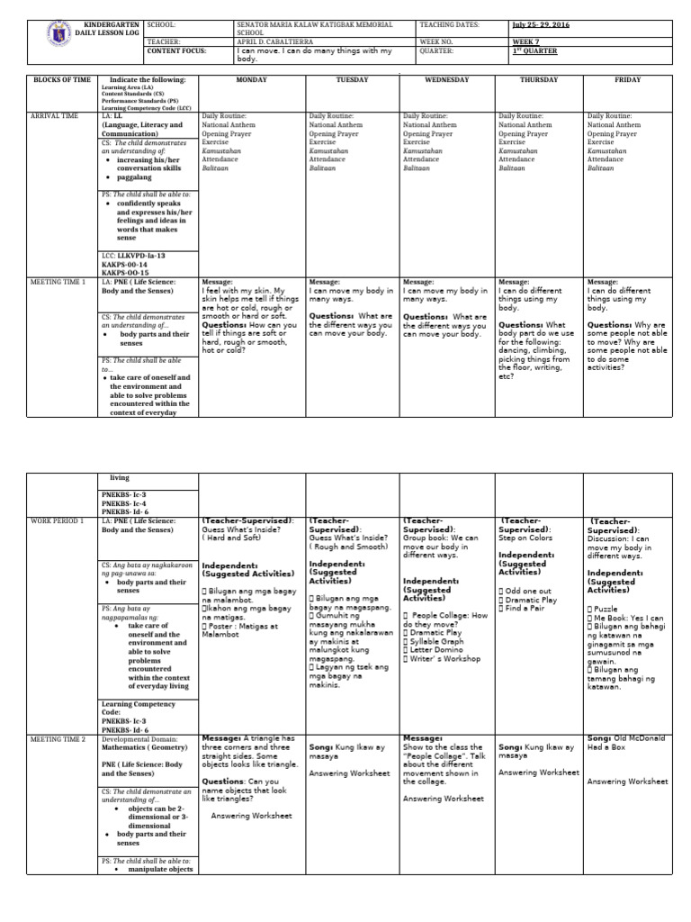 Kinder Dll Week 7 | PDF | Teachers | Learning