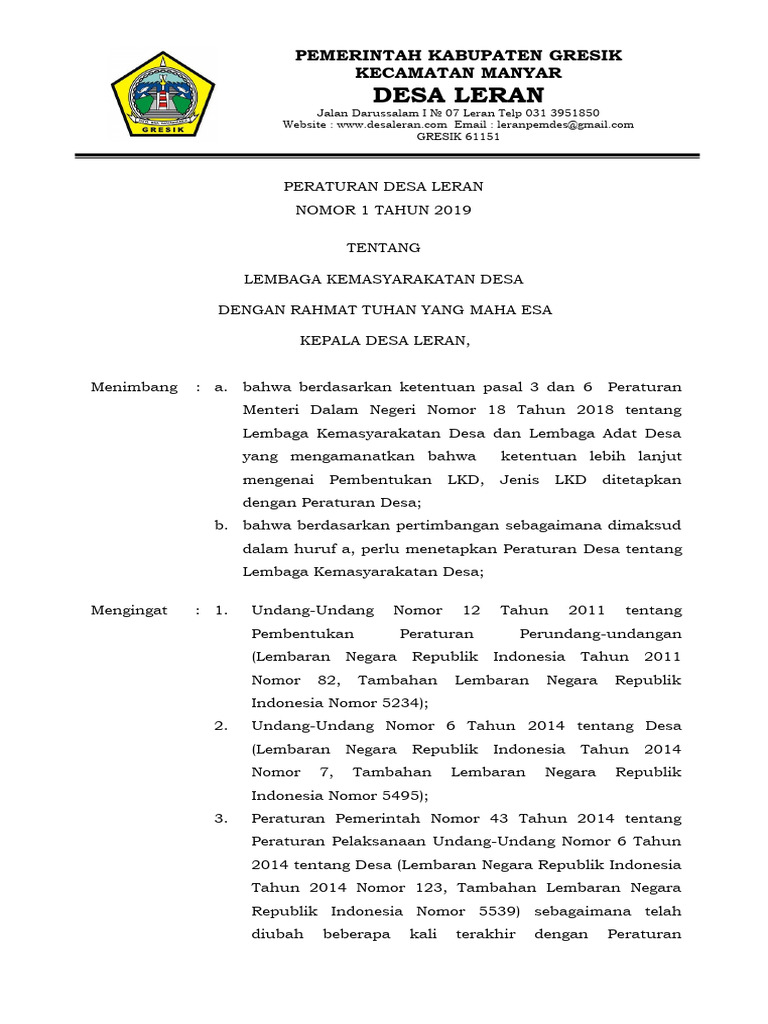 Perdes Tentang Lembaga Kemasyarakatan Desa Ty7wwi 1 Perdes Leran Nomor 1 Tahun 2019 Tentang ...
