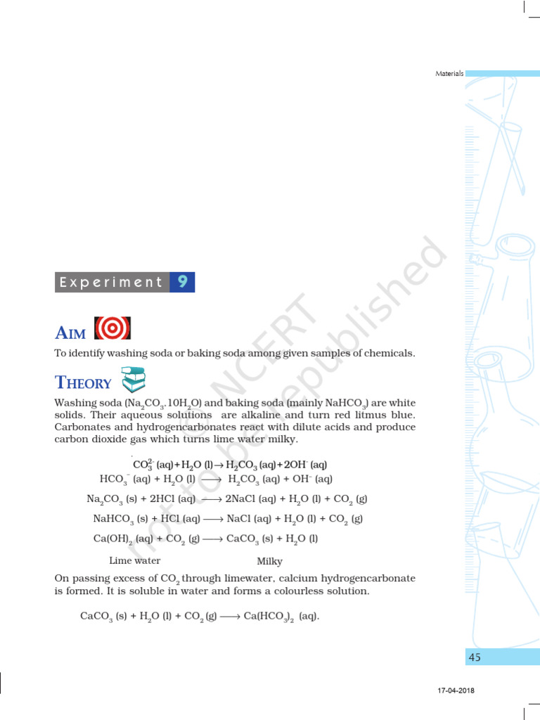 NCERT Science Lab Manual X Expt 09 | PDF | Sodium Carbonate | Sodium Bicarbonate