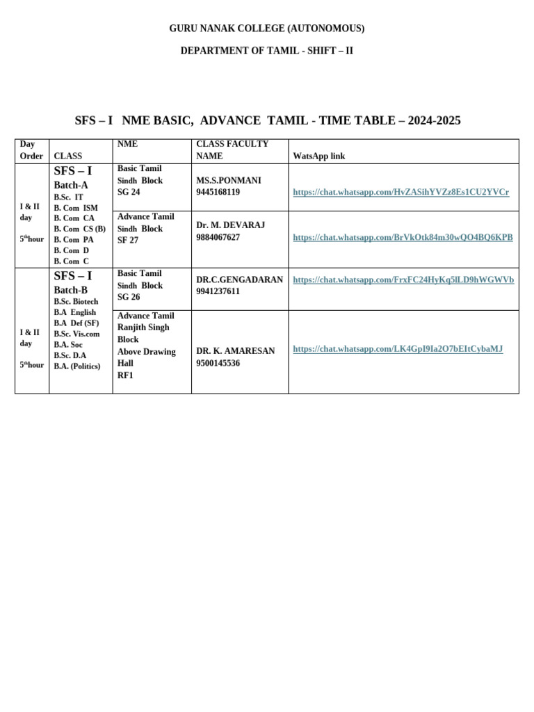 SFS-I Basic, Advance Tamil Timetable 24-25 | PDF