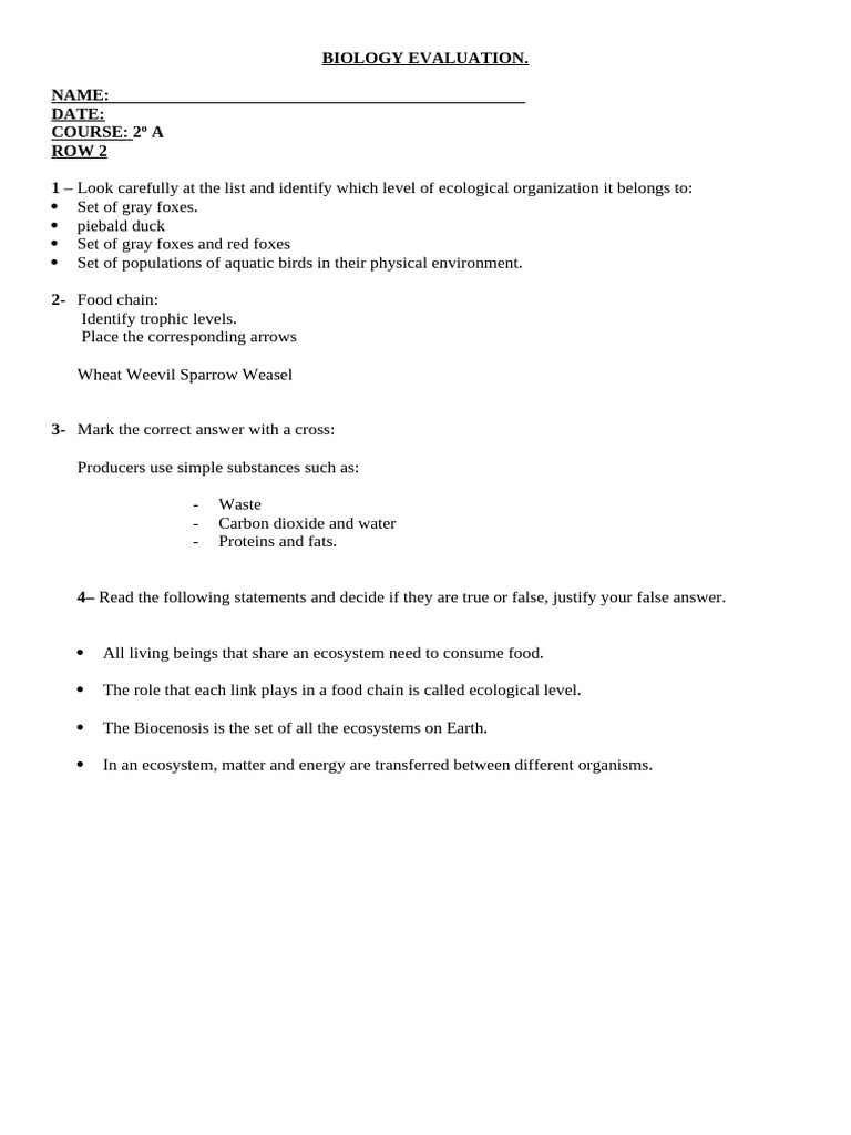 EVALUATION BIOLOGY 1st ECOSYSTEM | PDF | Ecosystem | Ecology