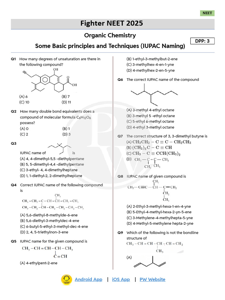 Some Basic principles and Techniques (IUPAC Naming) DPP 03 (of Lec 4) Fighter NEET 2025 | PDF ...
