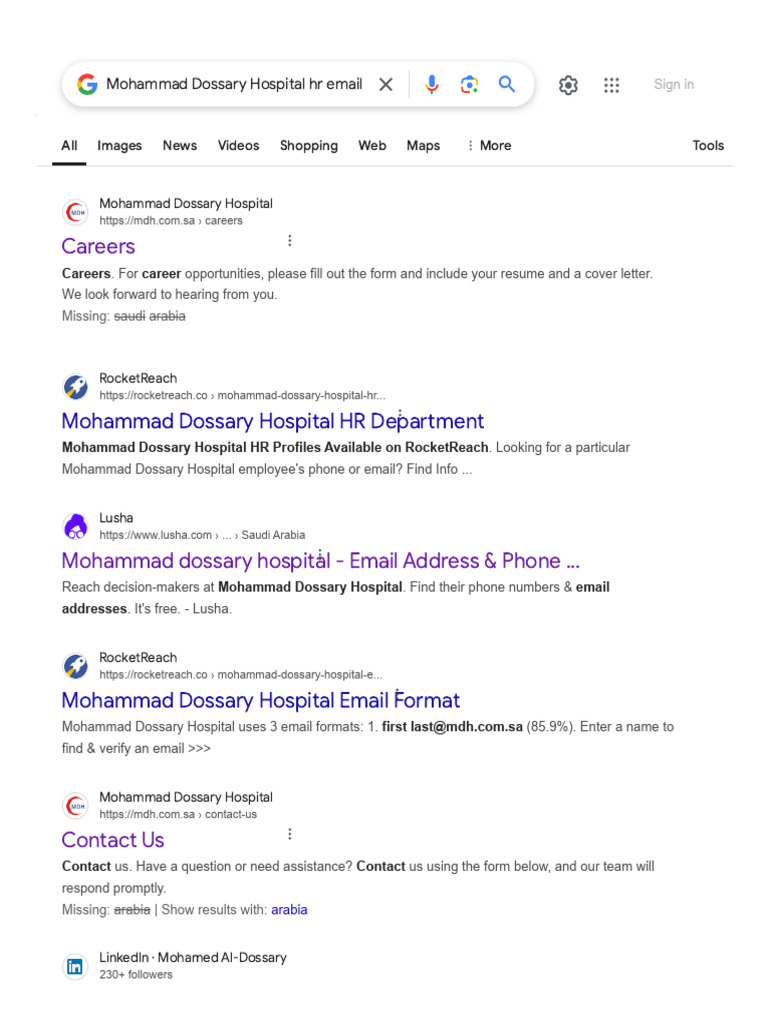 Mohammad Dossary Hospital HR Email Id of Saudi Arabia - Google Search ...