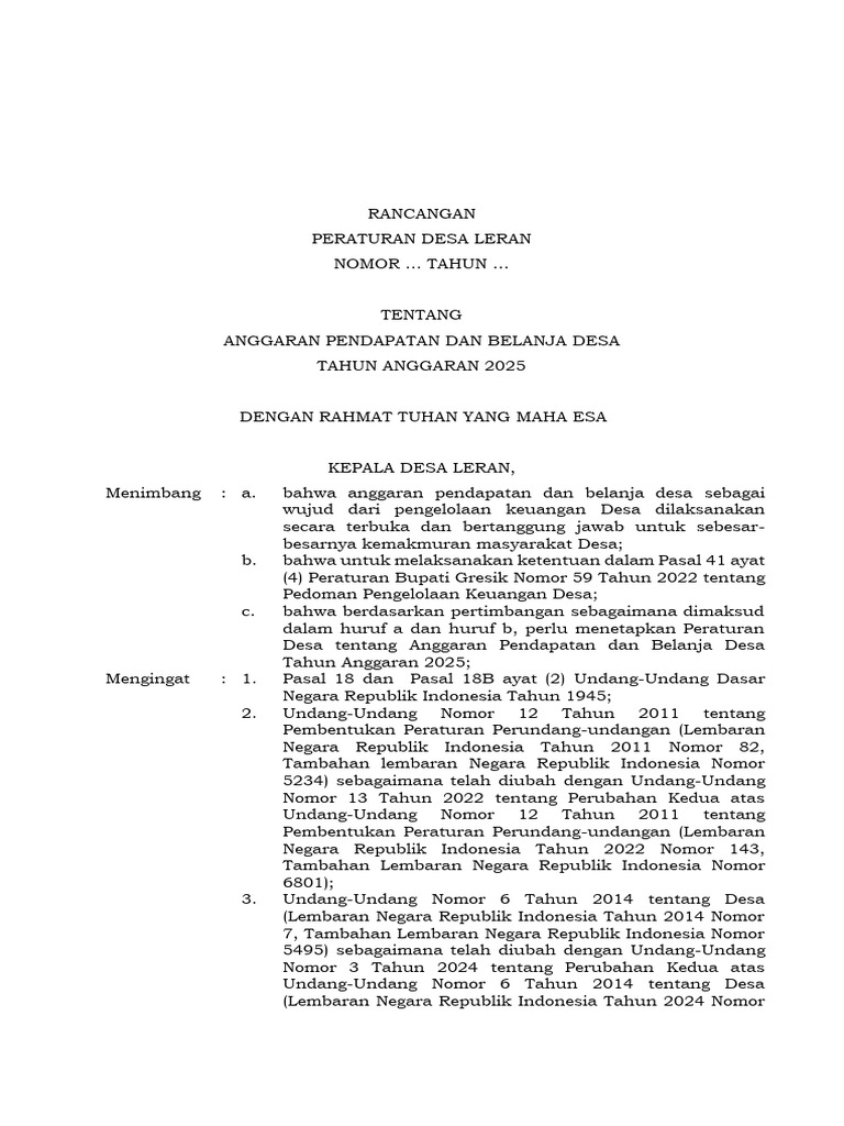 Rancangan Perdes Leran Nomor ... Tahun 2024 Tentang Apb Desa Tahun 2025 - R | PDF