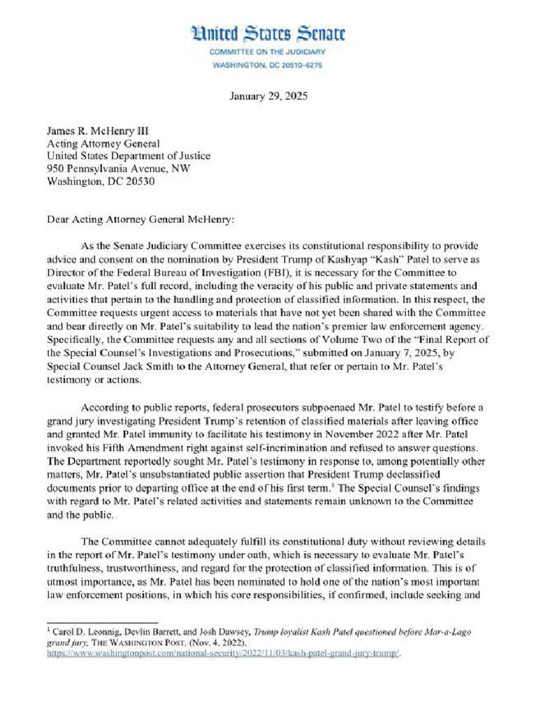 01-29-2025 - Schiff Letter Re Kash Patel Disclosure of Jack Smith ...