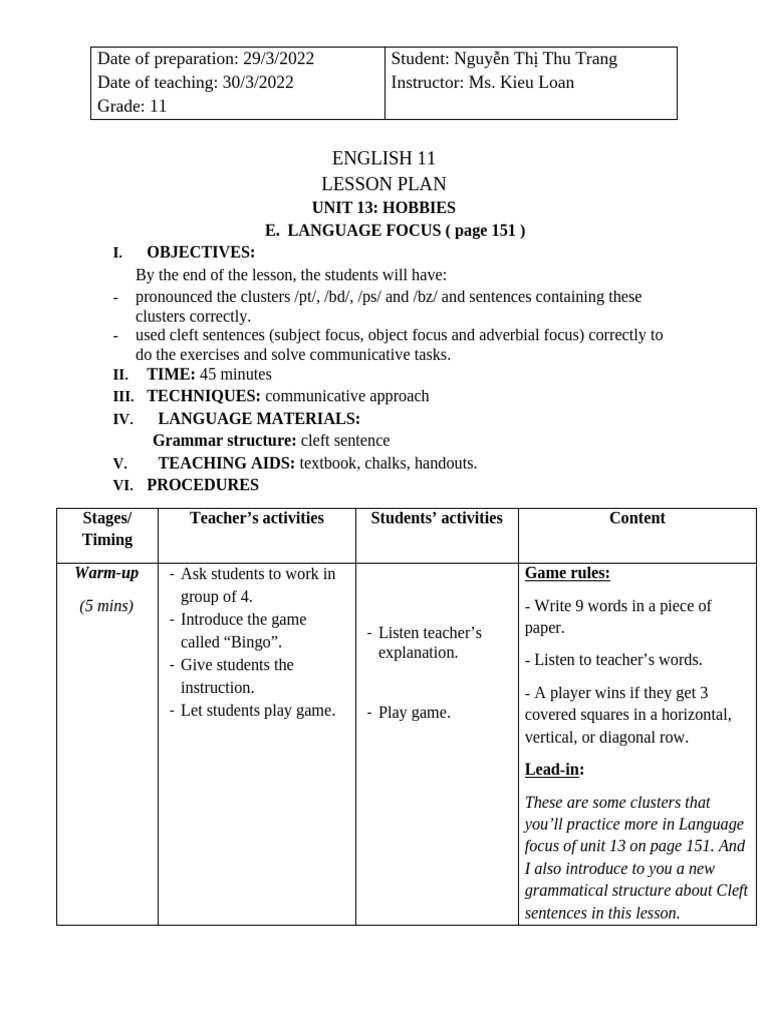 Thu Trang 11 Unit 13 Language Focus 1 | PDF | Syntax | Language Mechanics