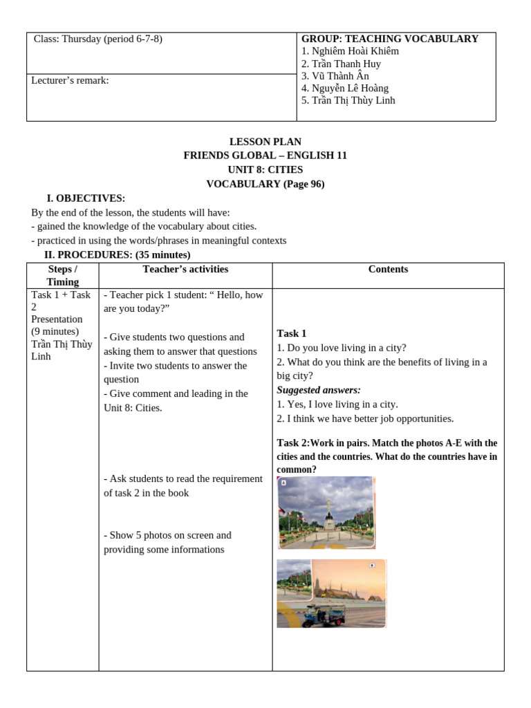 Lesson Plan Vocab Nhóm Thanh Huy | PDF | Human Communication | Learning