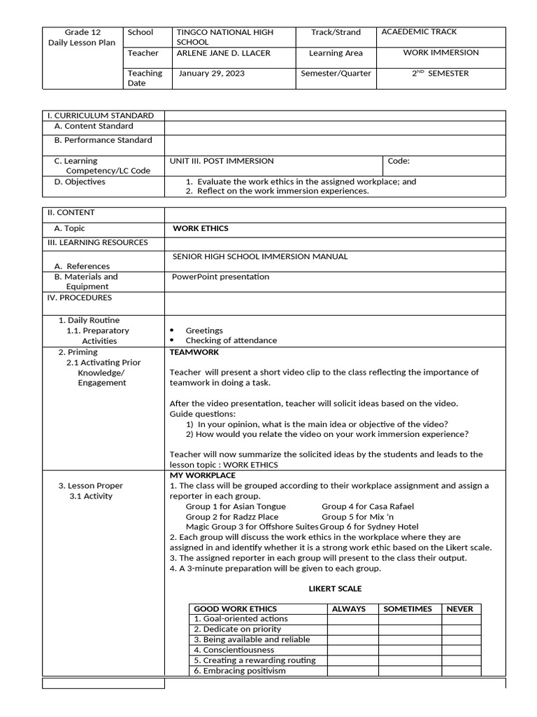 Work Immersion Lesson Plan | PDF