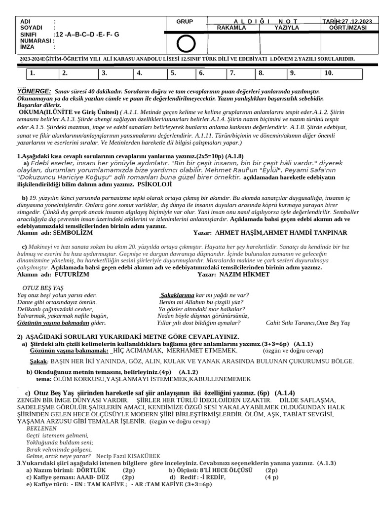 Cevap 12 Tde 1.Dönem 2. Yazili | PDF