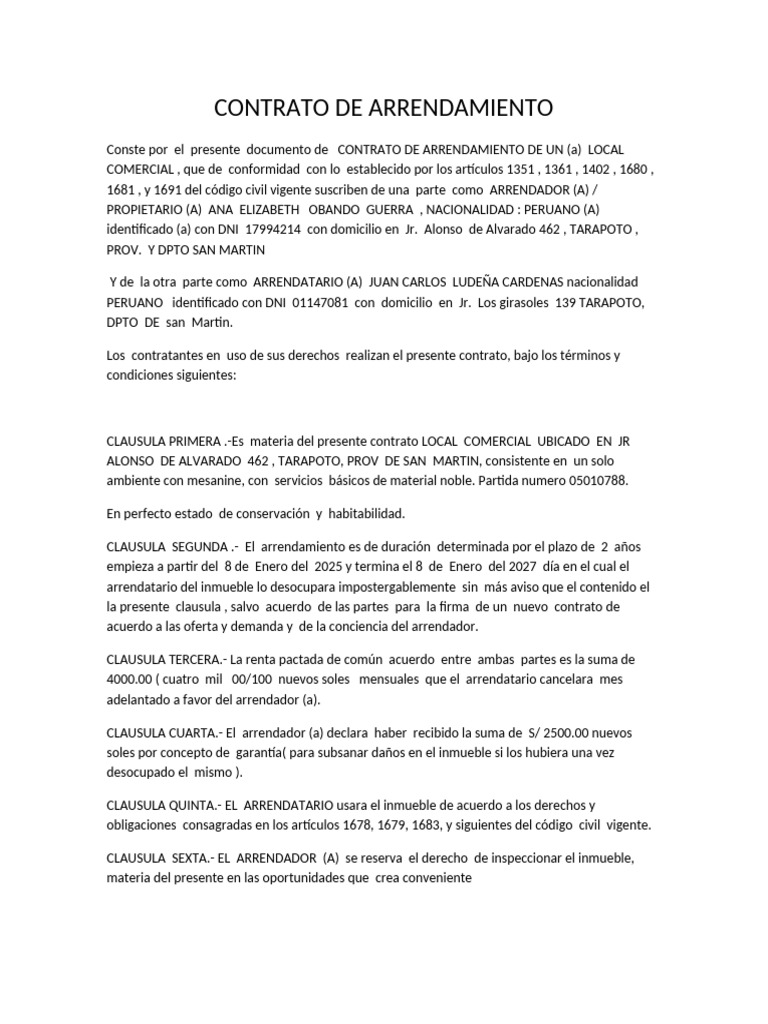 CONTRATO DE ARRENDAMIENTO 2025 Lucar | PDF