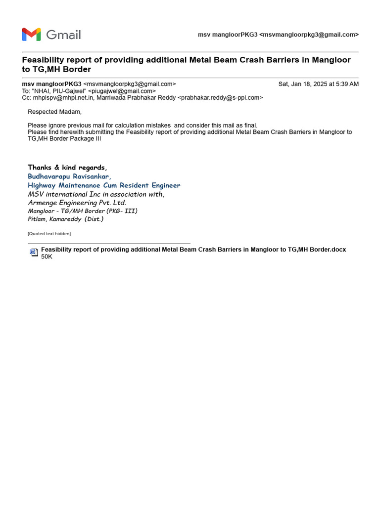 Gmail - Feasibility Report of Providing Additional Metal Beam Crash ...