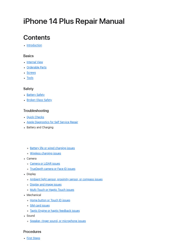 Iphone 14 Plus Repair Manual Contents - Apple Support | PDF