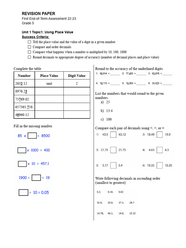 g5 Revision Paper | PDF | Numbers | Formula