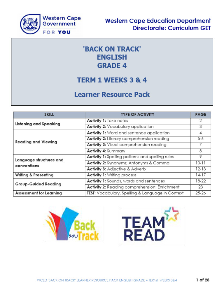 Grade 4 English Resource Pack Term 1 | PDF | Reading Comprehension ...
