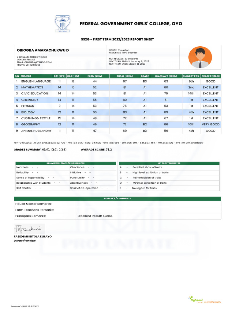 Obiogba AmarachukwuSS2G First Term 2022 2023 ReportCard | PDF