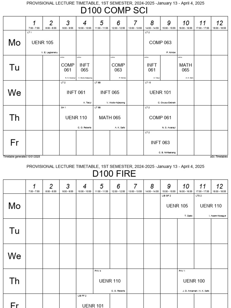 SUNYANI - Provisional Timetable - 1ST SEM - 2024-2025 | PDF