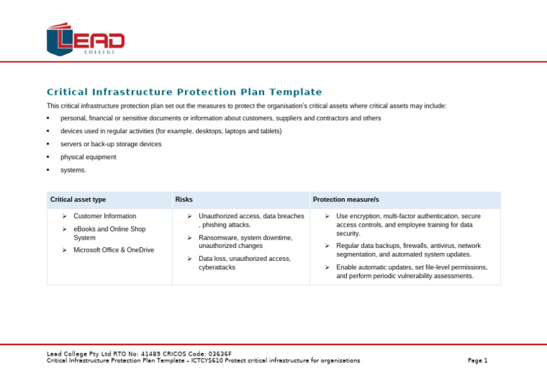 44.ICTCYS610 Critical Infrastructure Protection Plan Template.v1.0 | PDF