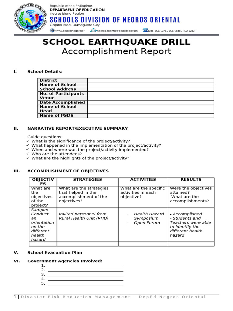 School Earthquake Drill Report | PDF | Disaster Risk Reduction ...
