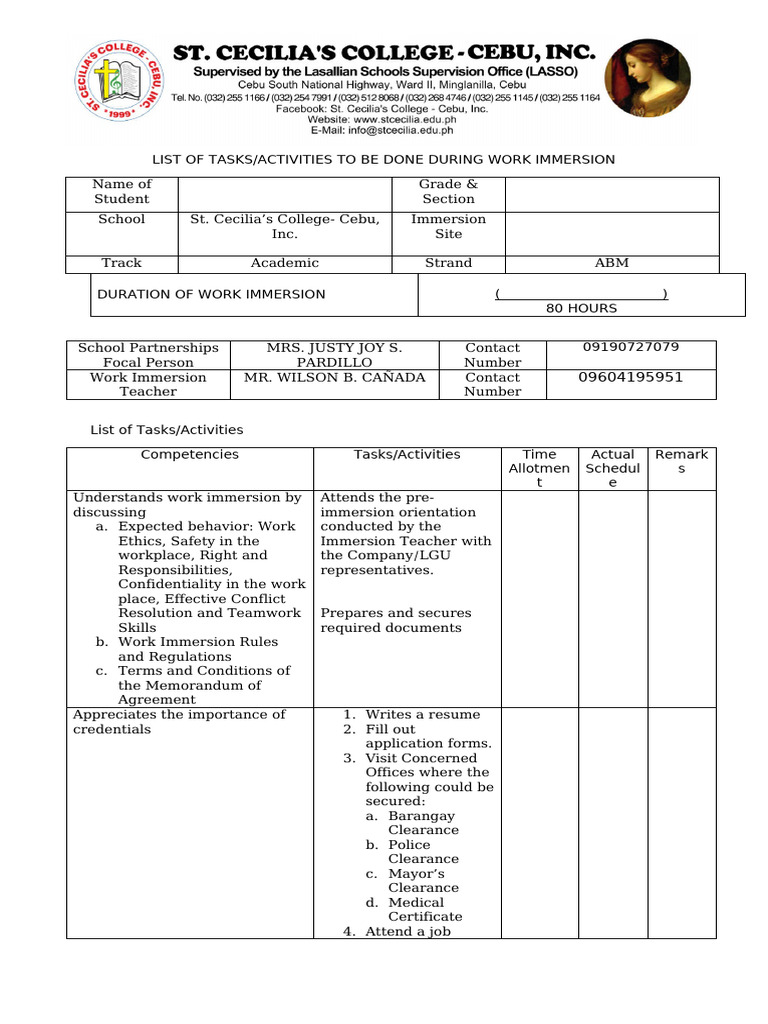 Work Immersion List of Task ABM | PDF | Social Psychology | Psychology