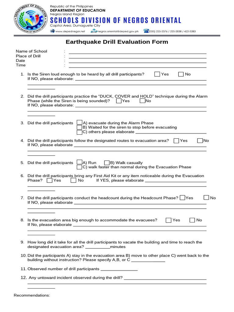 Earthquake Drill Evaluation Checklist | PDF