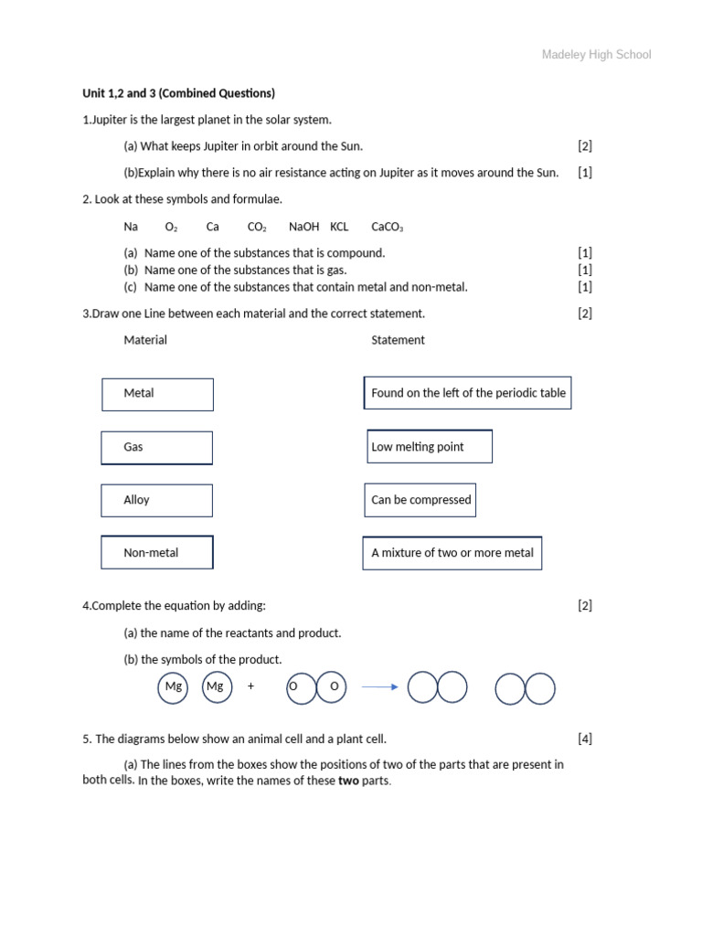 Madeley High School Science Questions | PDF | Jupiter | Metals