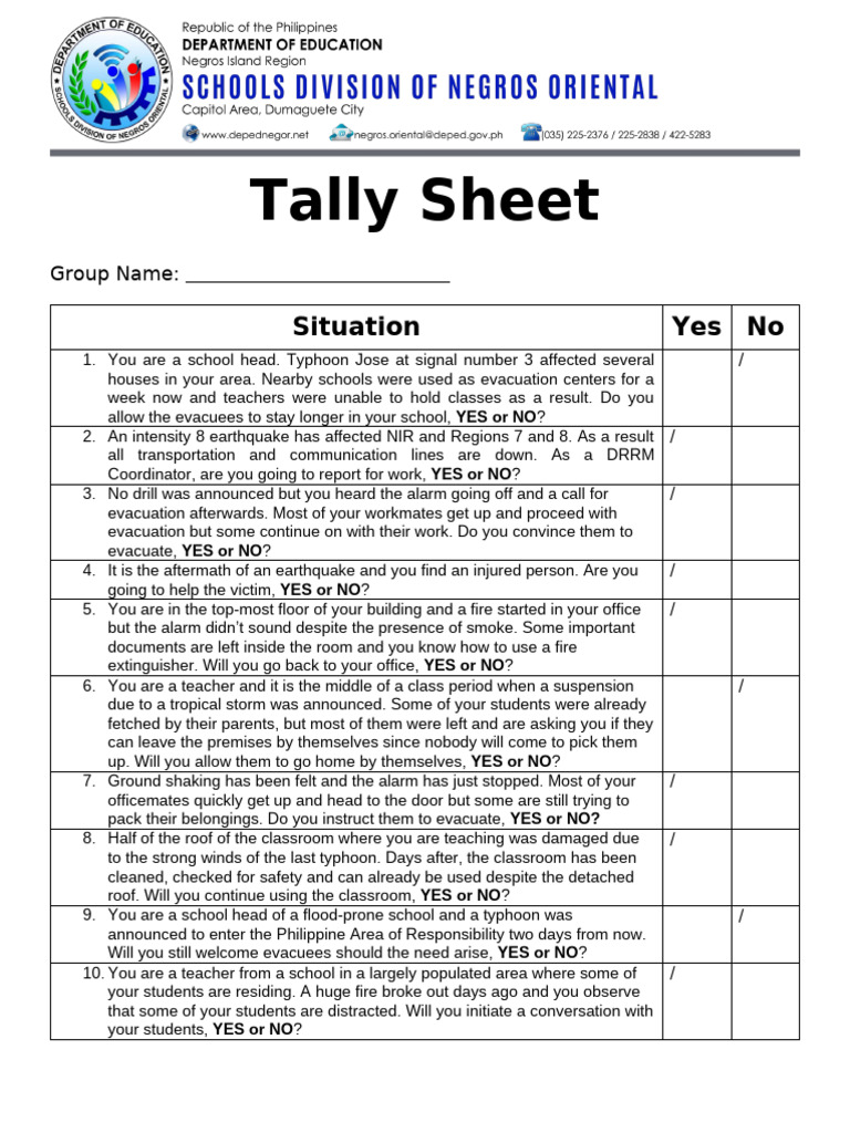 Activity Tally Sheet-2020 DRRM | PDF | Emergency Evacuation | Storms