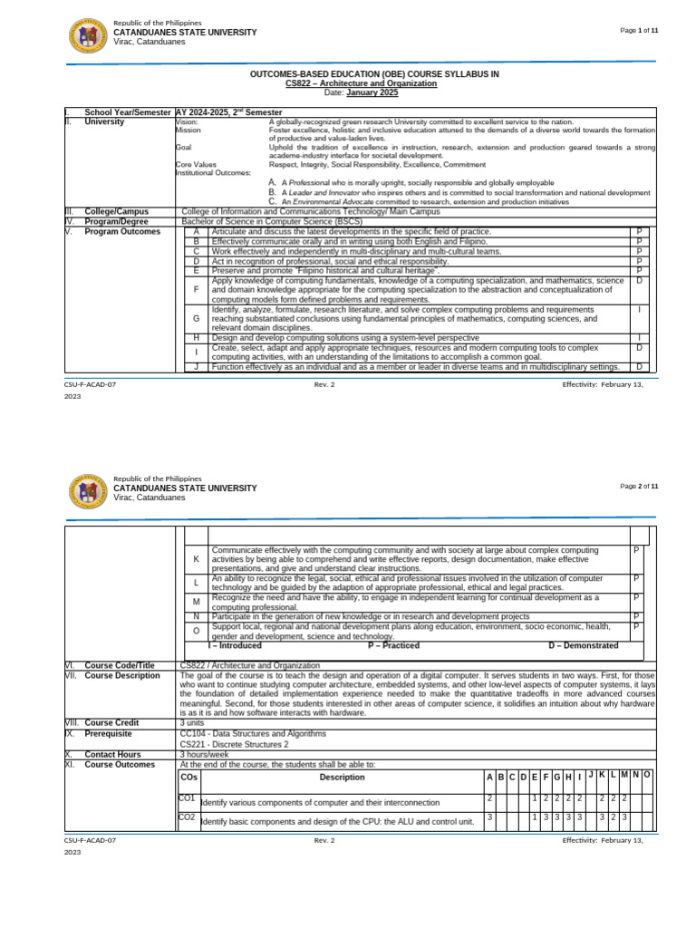 OBE Syllabus for CS822: Computer Architecture | PDF | Input/Output ...