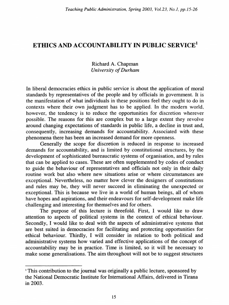 Chapman 2003 Ethics and Accountability in Public Service | PDF | Democracy | Political Ideologies