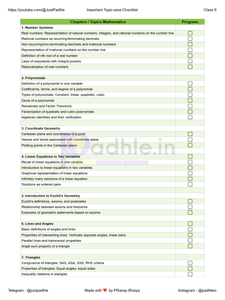 Class 9 Maths Topics Checklist Padhle Pdf Line Geometry Triangle