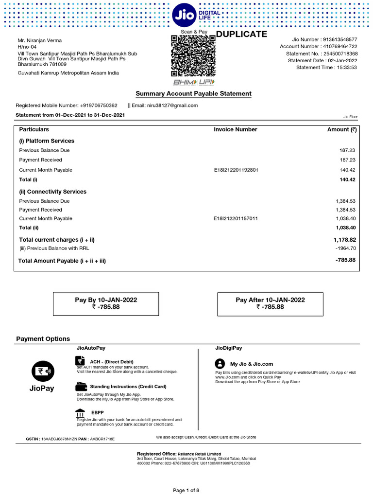 Jio Fiber Bill Summary | PDF | Credit Card | Payments