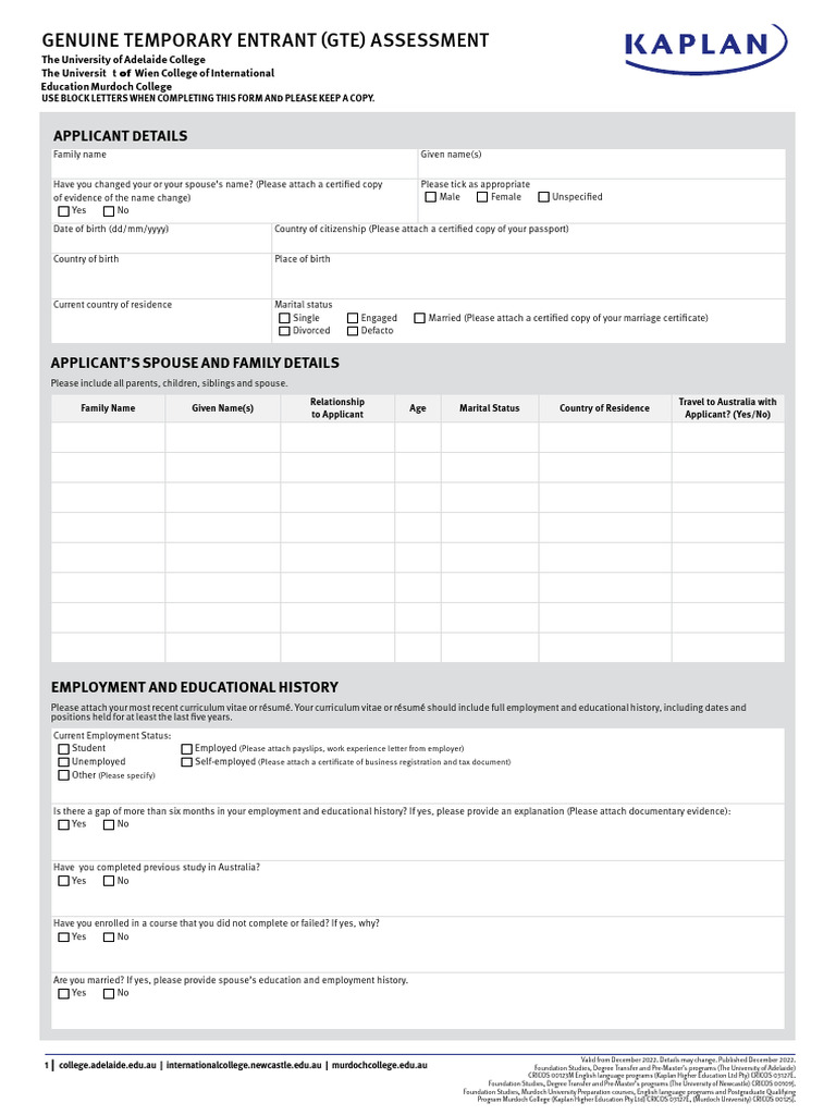 KAP Pathways Intl GTE Form FA DEC 2022 | PDF | Travel Visa