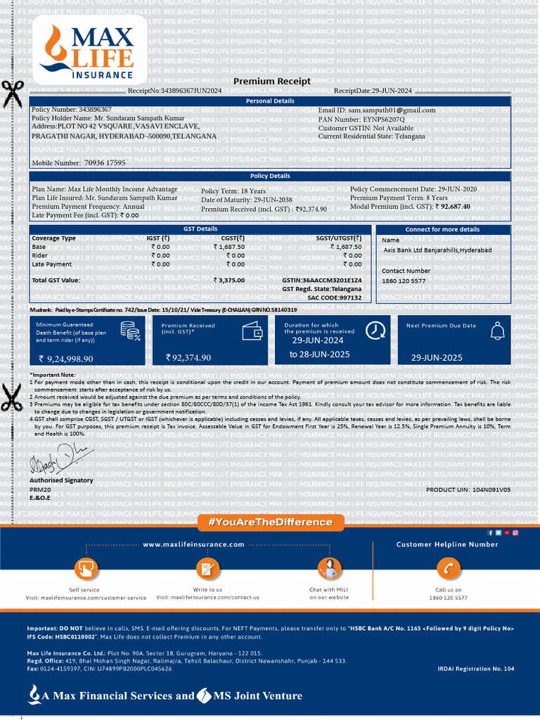 Life Insurance Premium Receipt | PDF | Insurance | Value Added Tax
