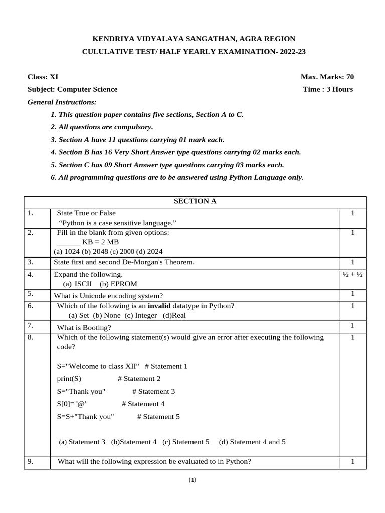 QP Xi Cs Half Yearly 2022-23 Agra Region | PDF | Control Flow | Truth
