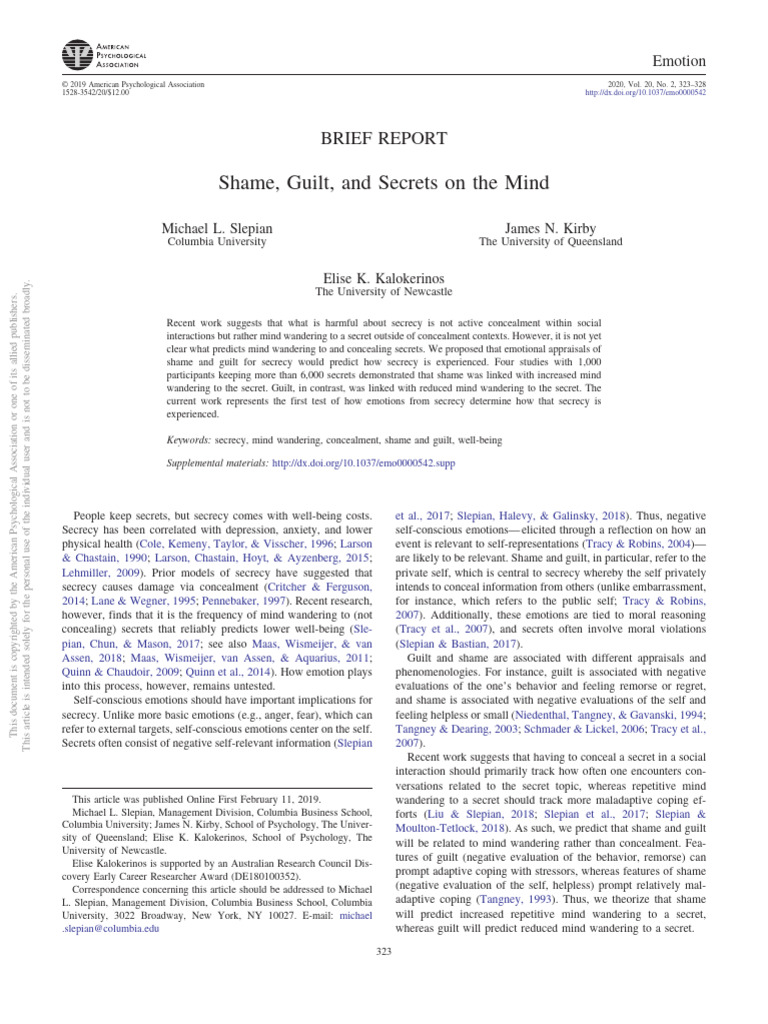 2020 Slepian Kirby Kalokerinos Emotion | PDF | Shame | Guilt (Emotion)