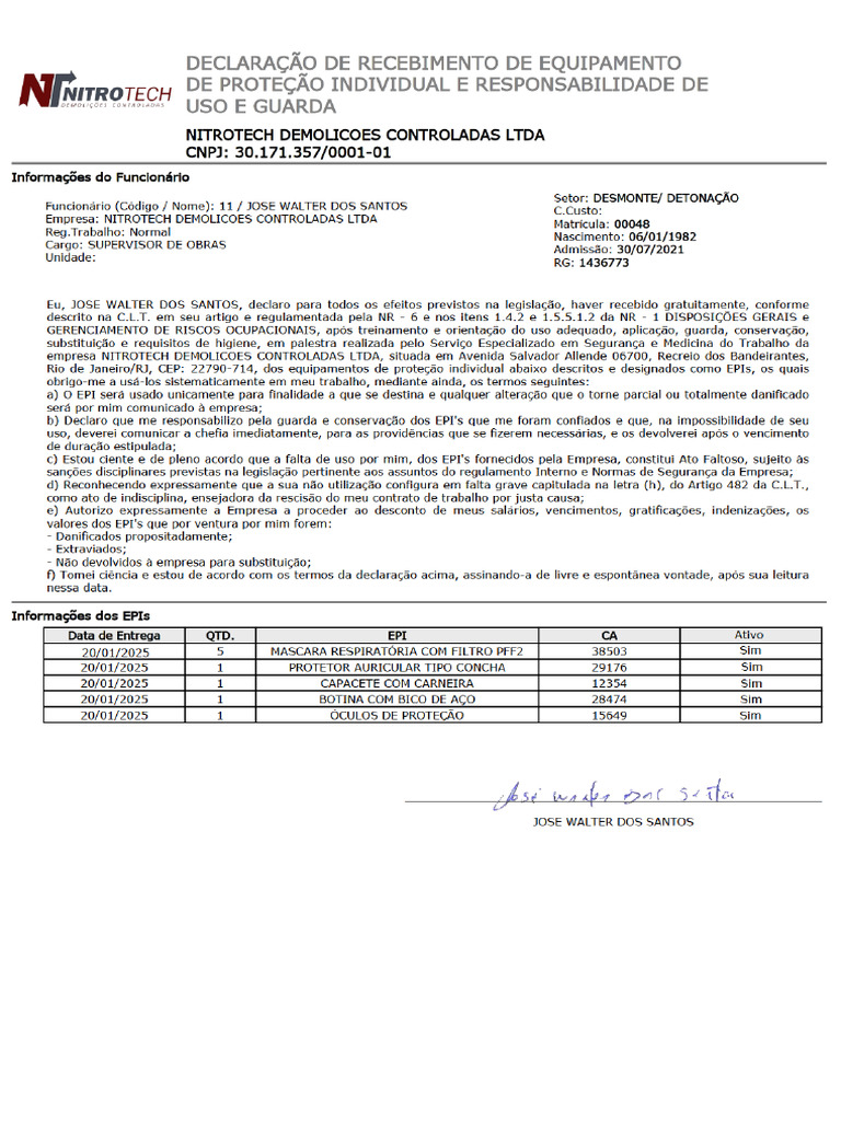 Jose Walter Dos Santos - Ficha de Epi | PDF