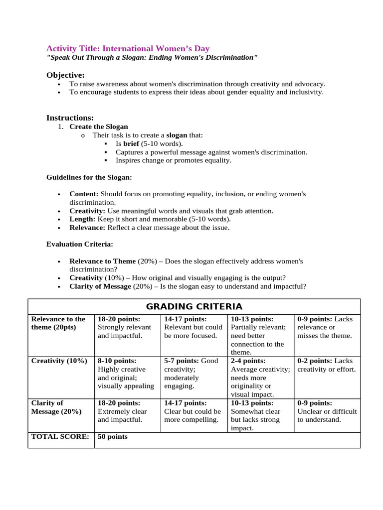 Activity - Speak Out Through Slogan - International Women's Day | PDF ...