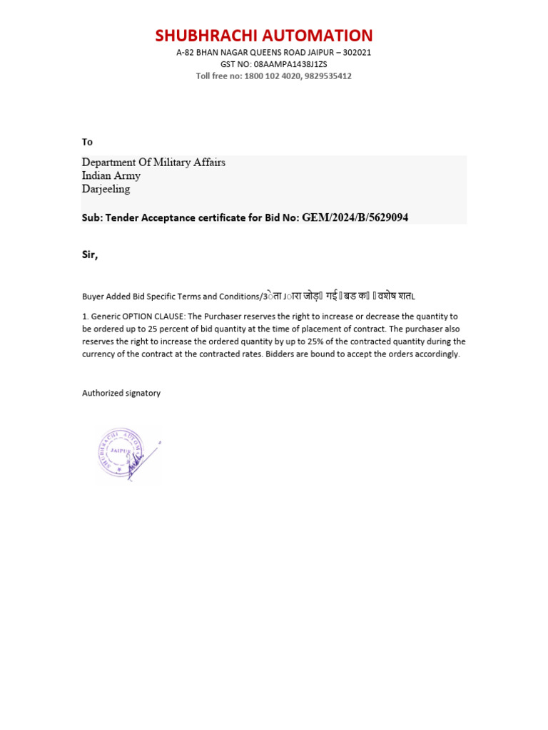 Tender Acceptance Certificate for Bid 5629094 | PDF