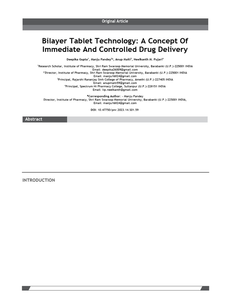 Bilayer Tablet Technology: A Concept of Immediate and Controlled Drug ...